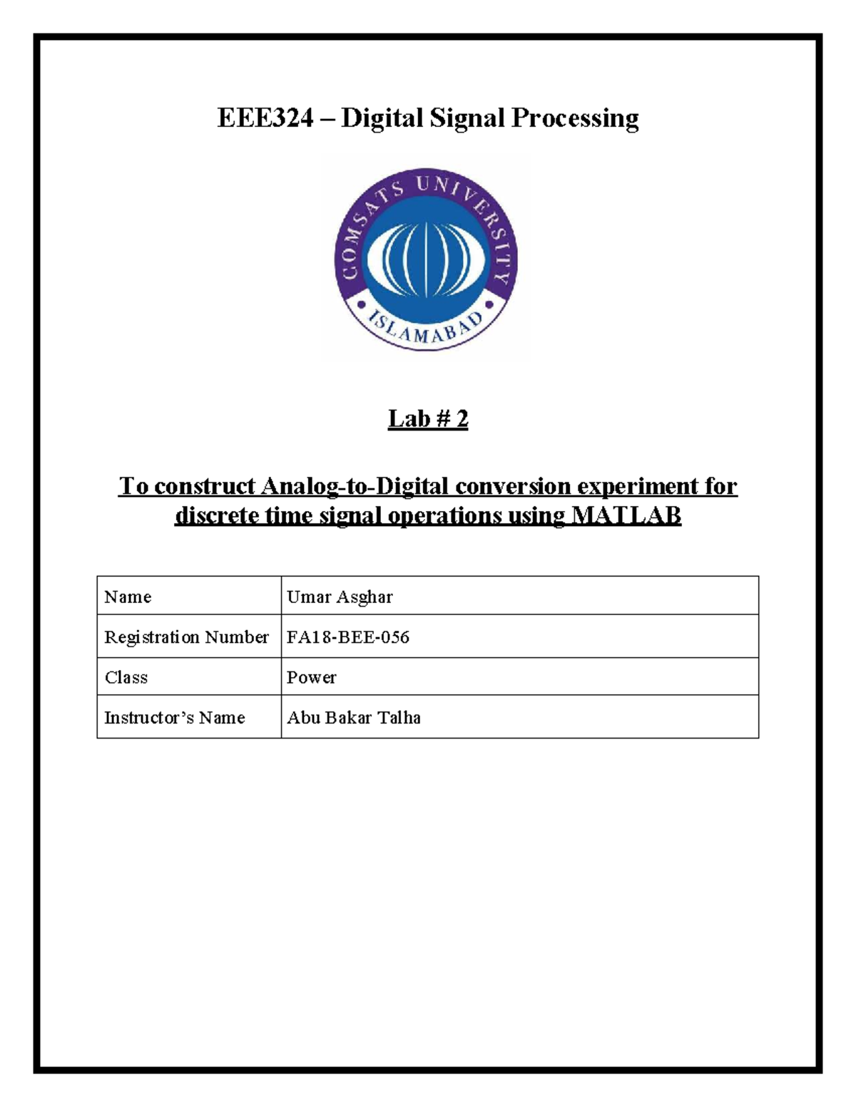 Digital Signal Processing Lab 2: ADC & Quantization with MATLAB - Studocu