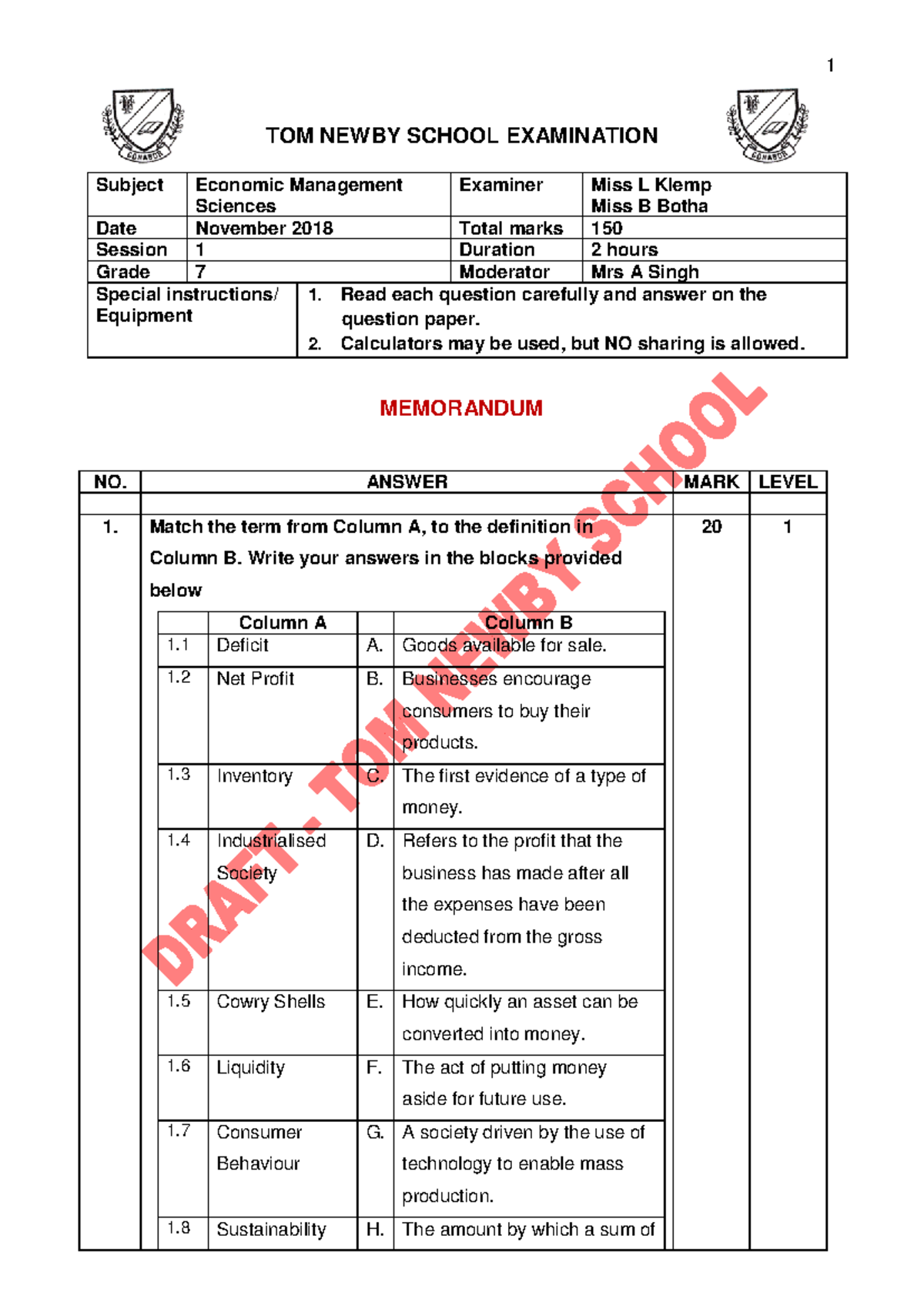 Grade 7 EMS November 2018 Exam Memo by Tom Newby School - Studocu