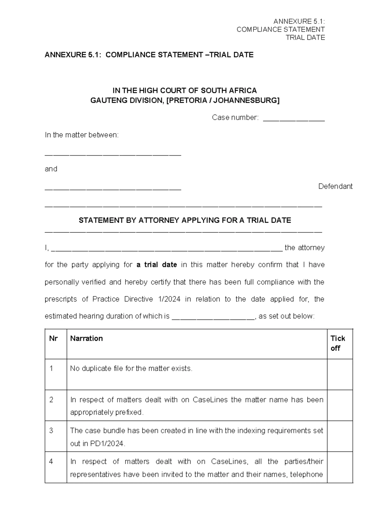 Annexure 4: Hearing Date Application Form - Gauteng High Court - Studocu