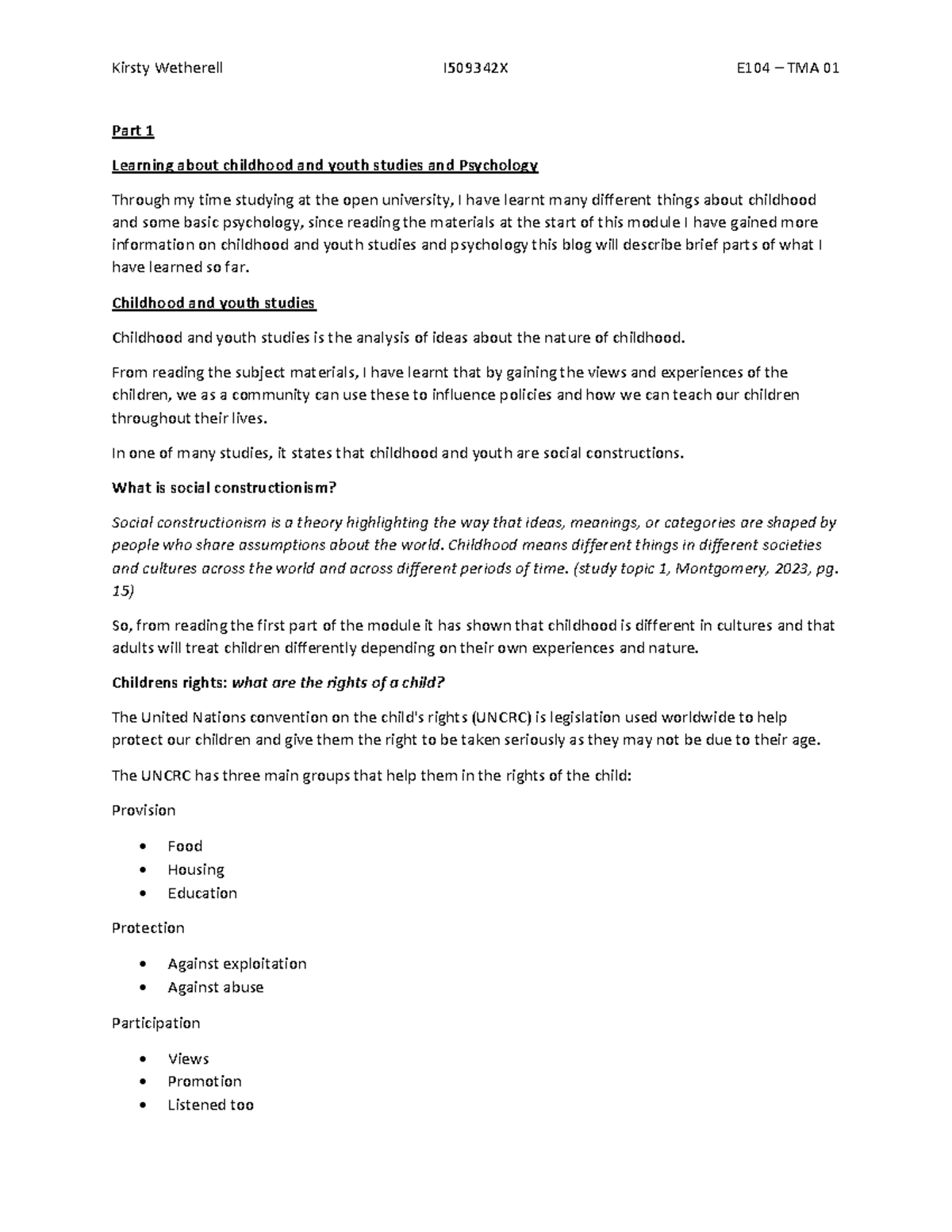 E104 TMA 01 - Understanding Childhood Psychology and Rights - Studocu