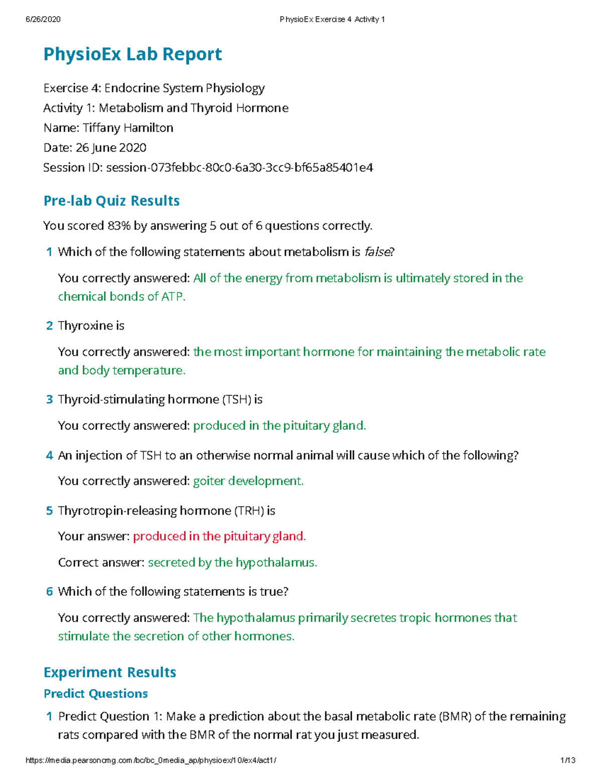 PhysioEx Exercise 4 Lab Report: Metabolism & Thyroid Hormones - Studocu