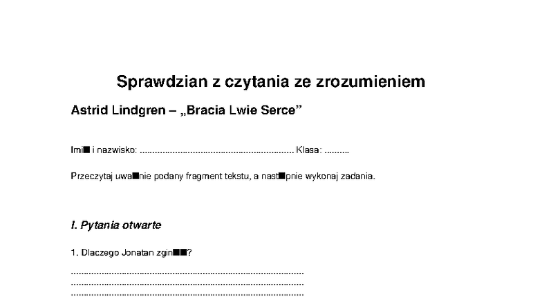 Sprawdzian z czytania ze zrozumieniem: Bracia Lwie Serce - Studocu