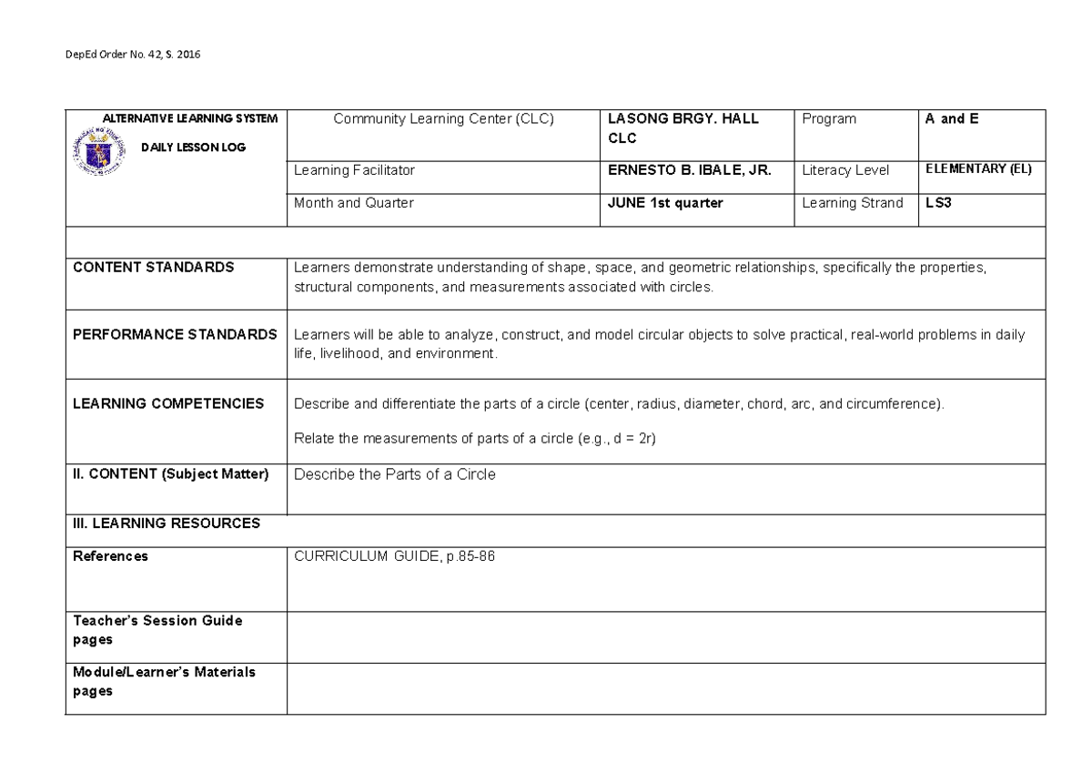 Lesson Plan LS4: Understanding Circles in Geometry - DepEd Order No. 42 ...