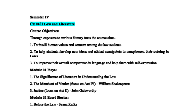 BA 0401 Law and Literature Syllabus Overview and Course Objectives ...
