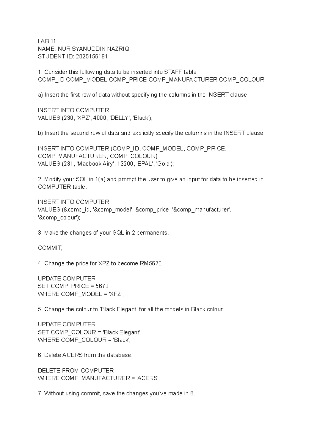 LAB 11 ICT - Compilation of SQL Queries for Database Management - Studocu