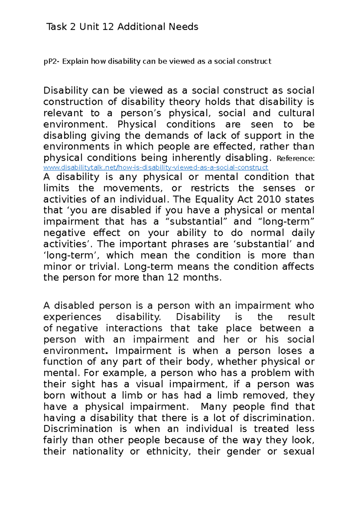 Task 2 unit 12 additional neds - pP2- Explain how disability can be ...