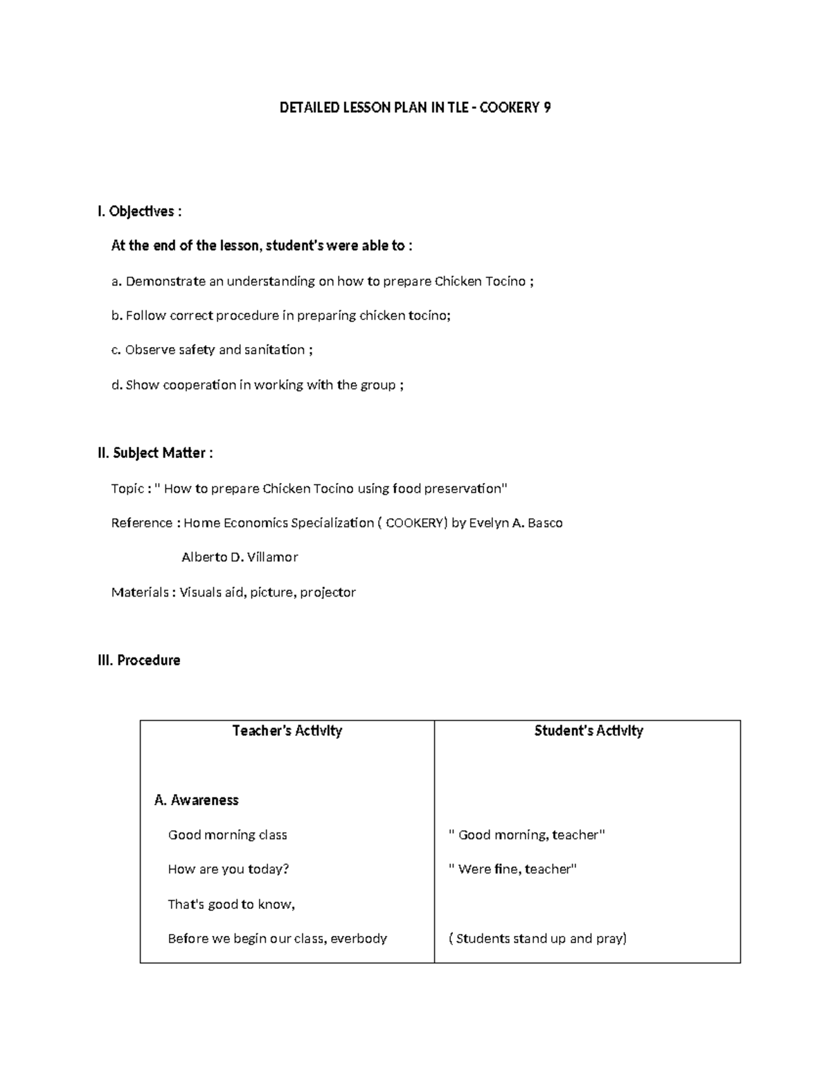 Detailed Lesson Plan in TLE - Cookery 9: Chicken Tocino Preparation ...