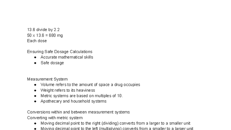 Dosage Calculations Chapter: Safe Admin & Measurement Systems - Studocu