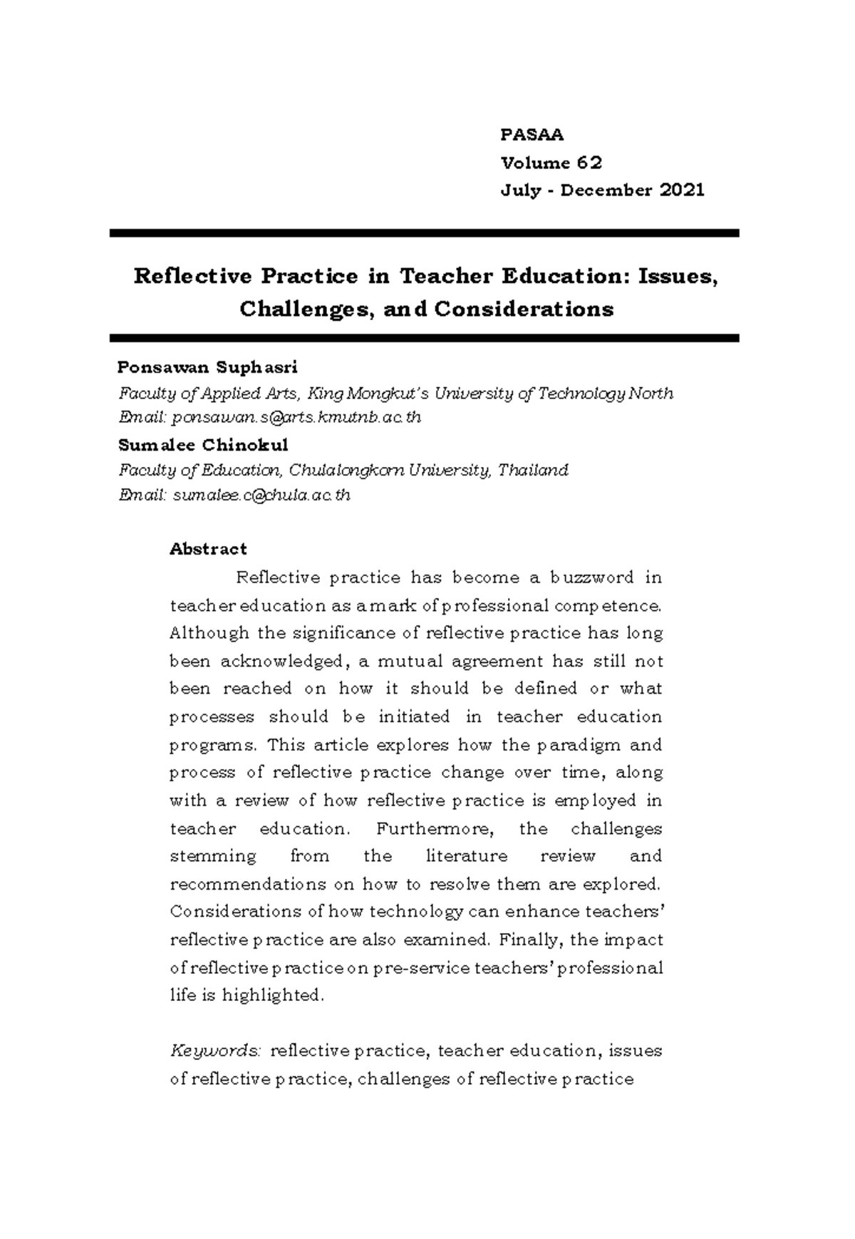 Reflective Practice in Teacher Education: Issues & Challenges (PASAA ...