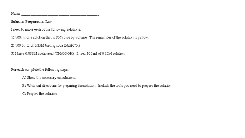 Solution Preparation Lab Calculations Directions For 4 Solutions