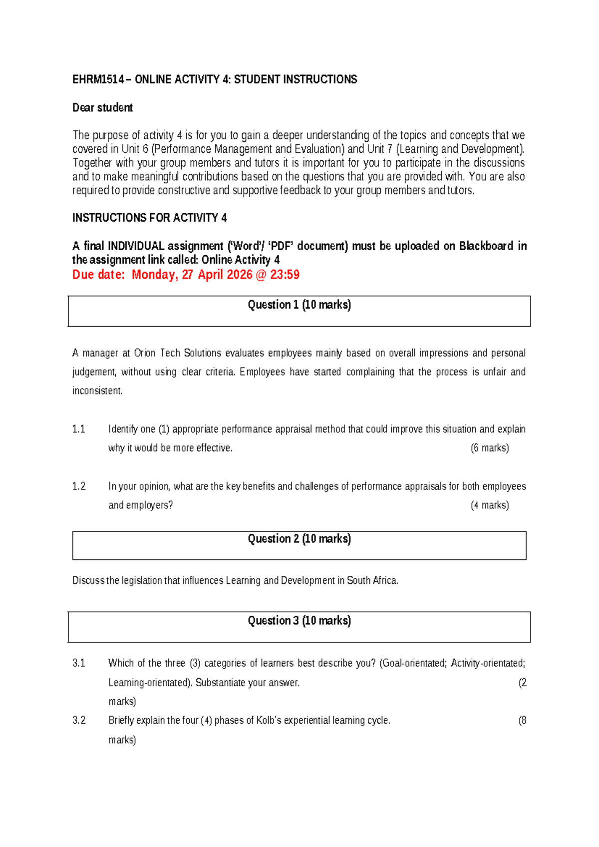 EHRM1514 Online Activity 4: Performance Management Insights - Studocu