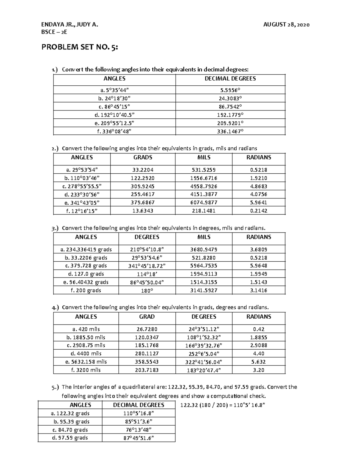 474051939 BSCE – 2E Problem Set No. 5 - Angle Conversions and Bearings - Studocu