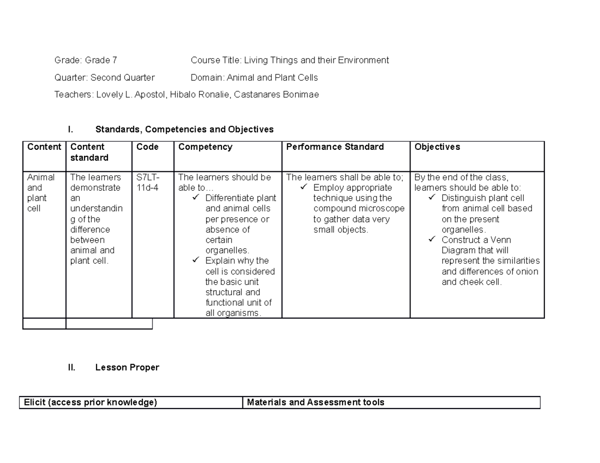 7E Lesson Plan: Exploring Plant and Animal Cells in Grade 7 - Studocu
