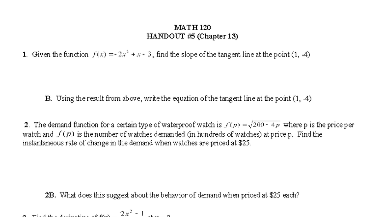 MATH 120 HANDOUT (Chapter 13) - Derivatives and Tangent Lines - Studocu