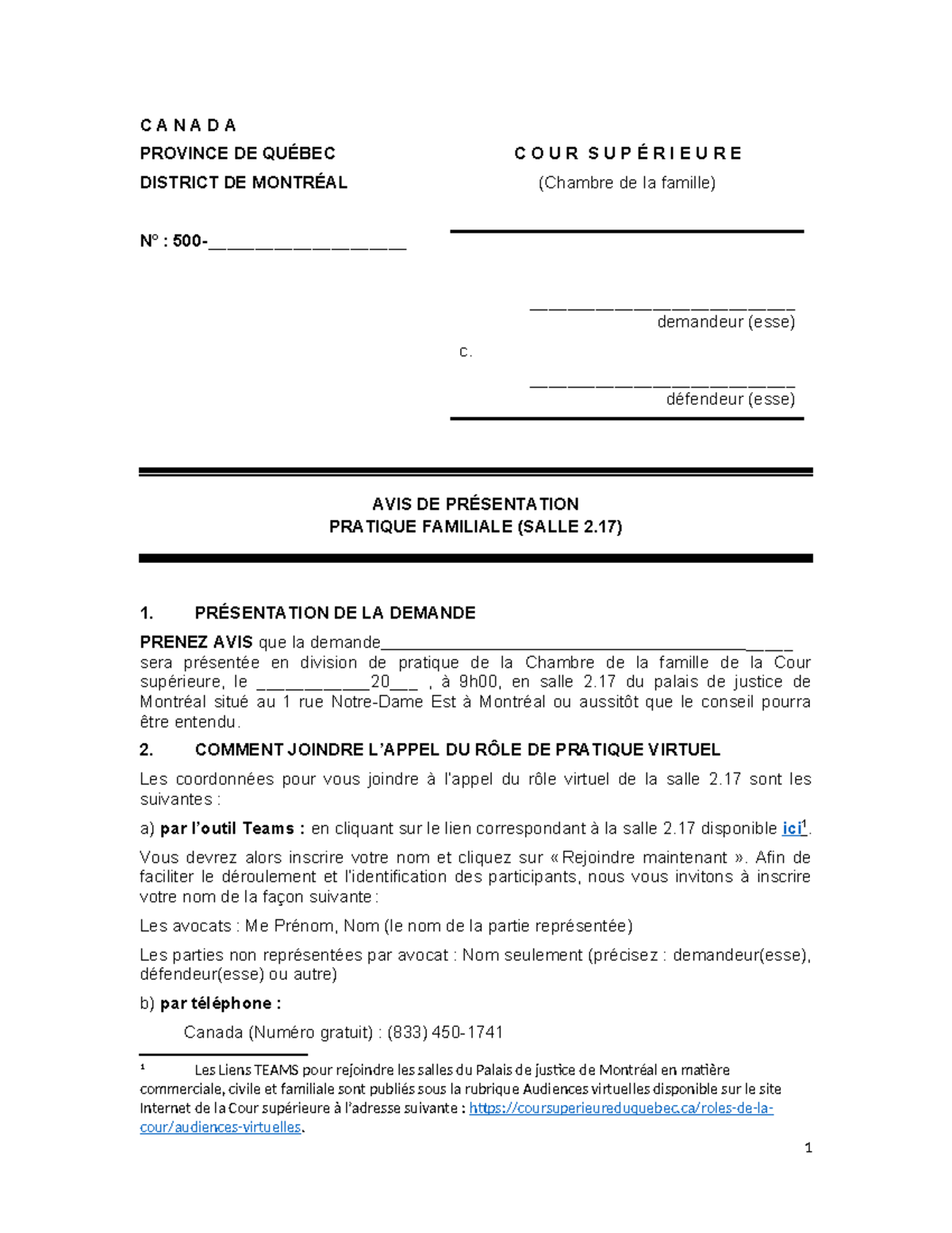 Avis de Présentation en Pratique Familiale - Salle 2, Cour Supérieure ...