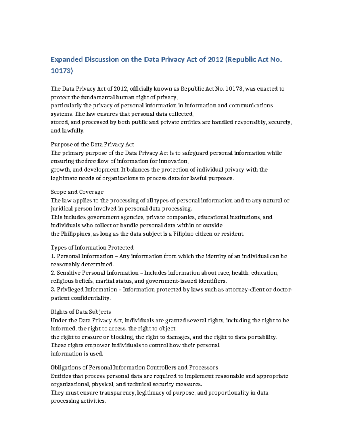 Expanded Overview of the Data Privacy Act of 2012 (RA 10173) - Studocu