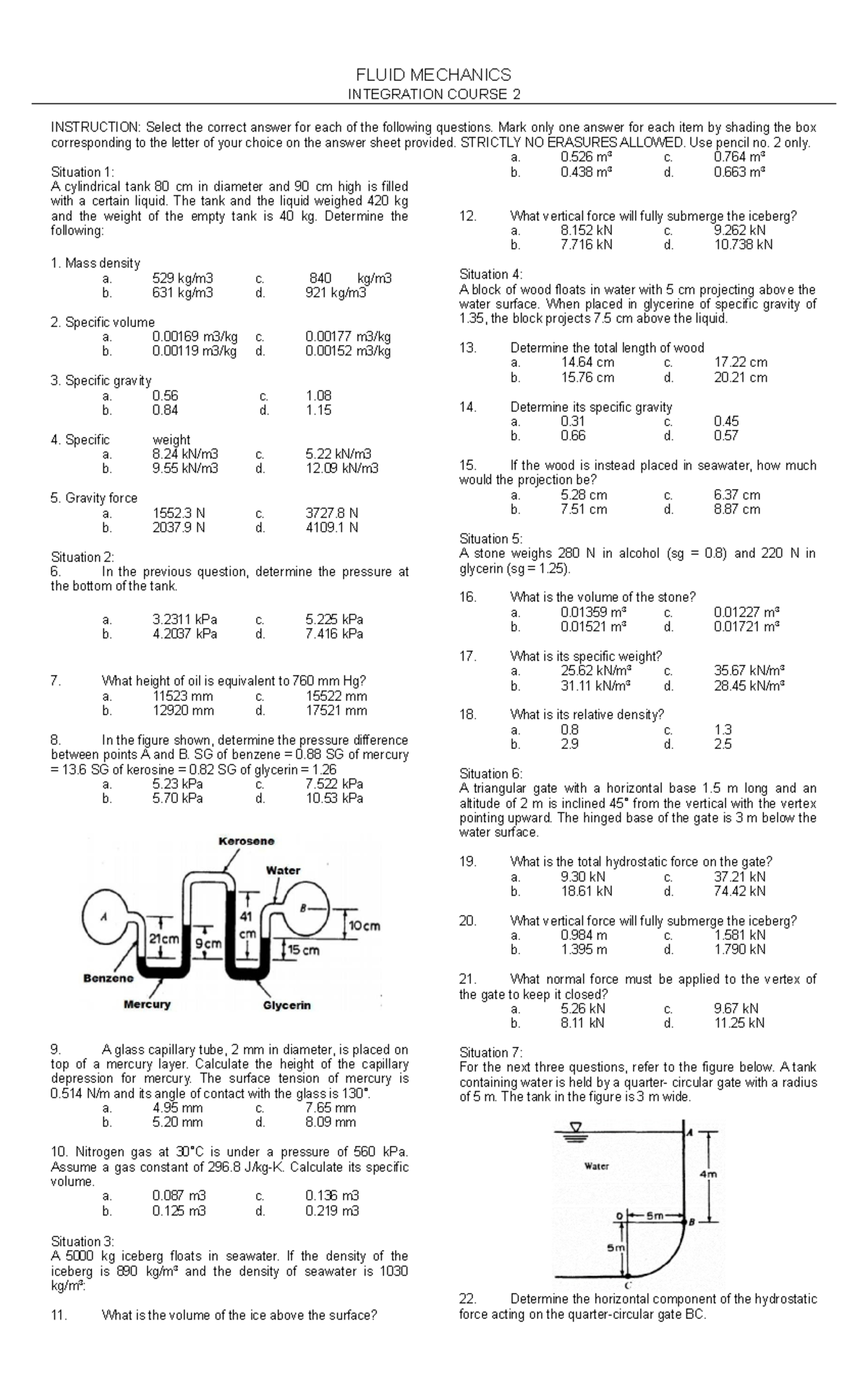 Fluid Mechanics Integration Course 2 Practice Problems - Studocu