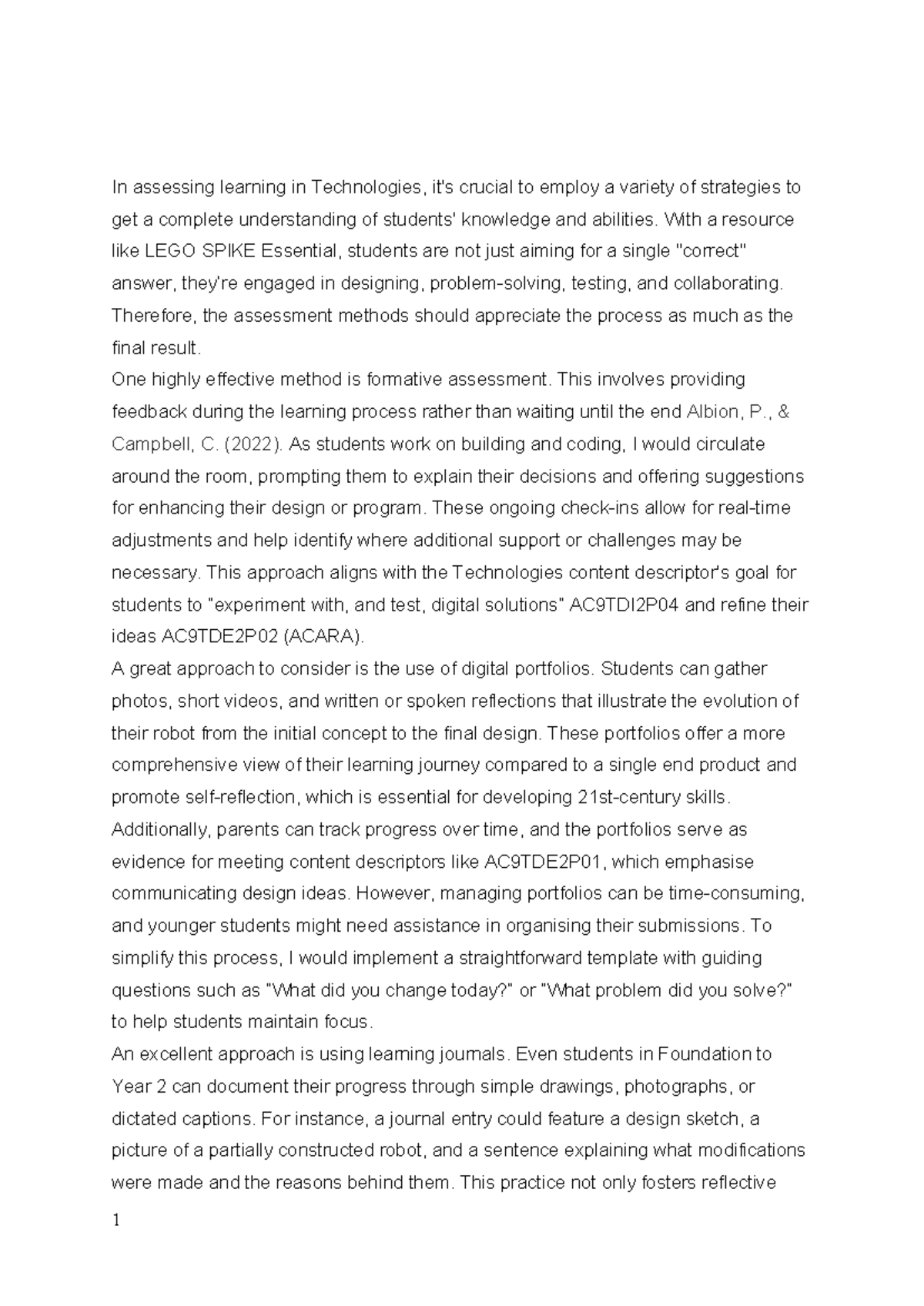 Assessment Strategies in Technologies: Engaging Students with LEGO ...