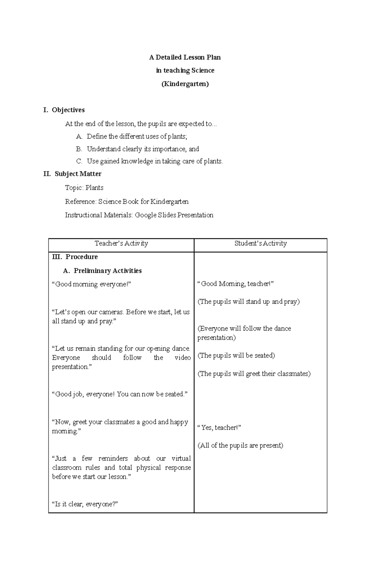 Detailed Lesson Plan Science - Kindergarten (Plants) - A Detailed ...