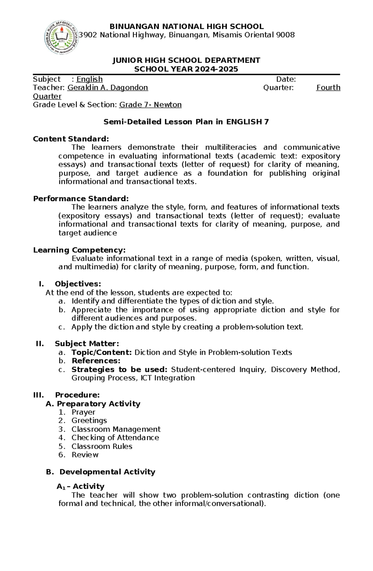 Diction and Style in Problem-Solution Texts | ENGLISH 7 Lesson Plan ...