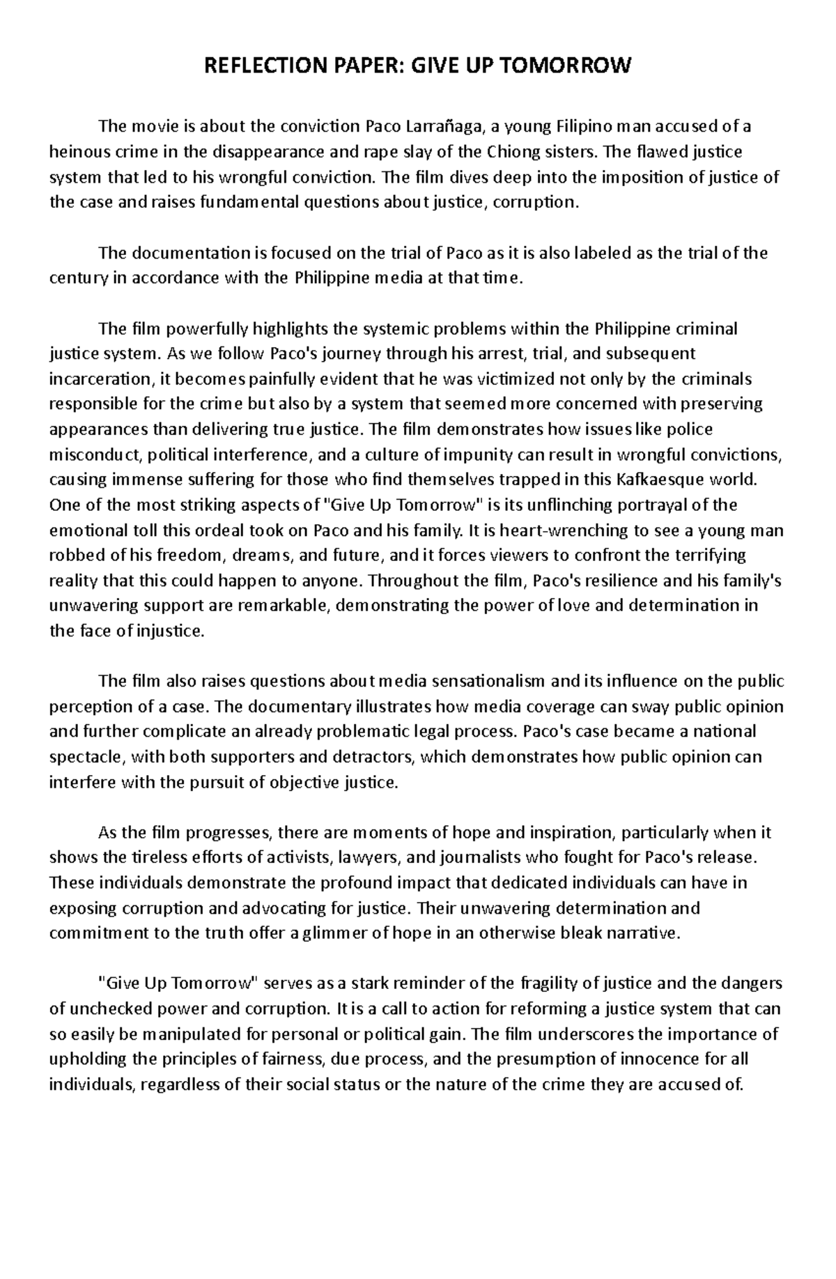 Reflection Paper - GIVE UP Tomorrow - REFLECTION PAPER: GIVE UP ...