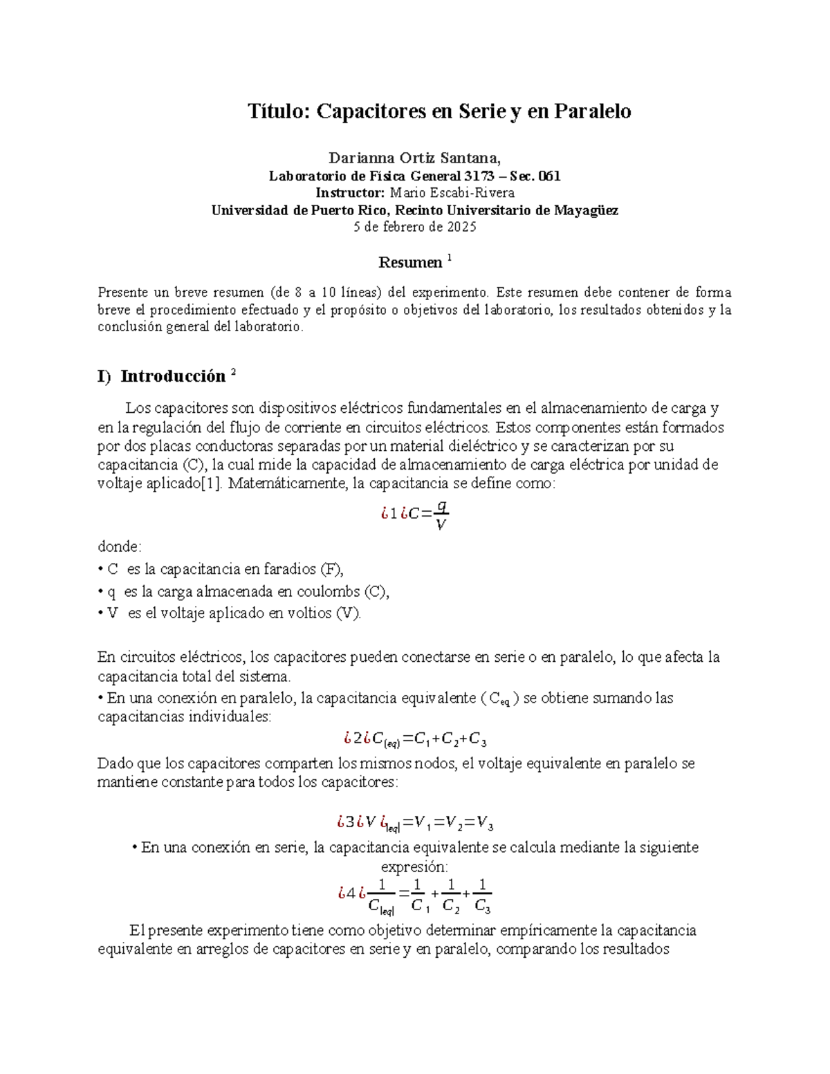 Título: Informe de Laboratorio: Capacitores en Serie y Paralelo - FIS ...