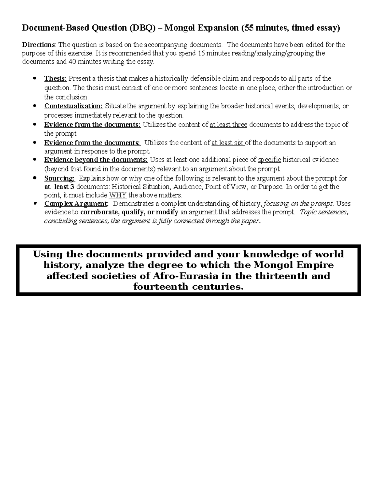 Mongol expansion DBQ (HIST 101) timed essay guidelines and analysis ...