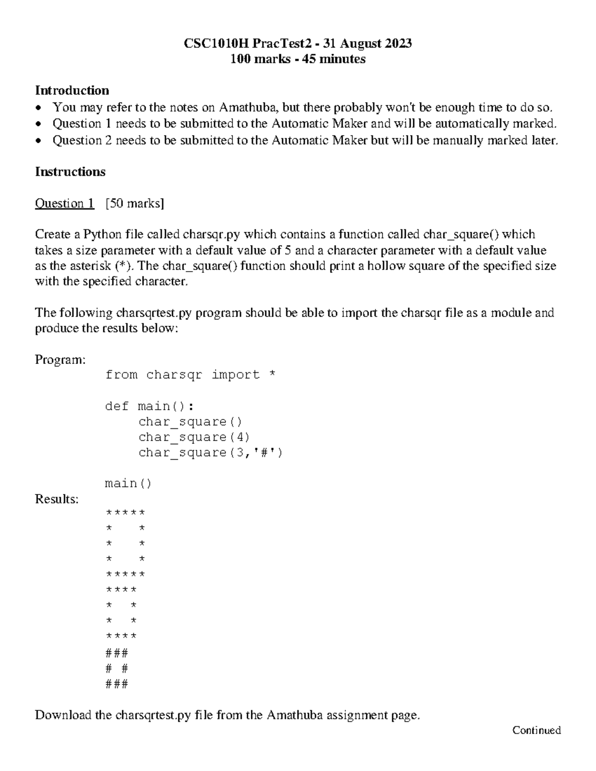 CSC1010H Prac Test 2: Python char_square Function Instructions - Studocu