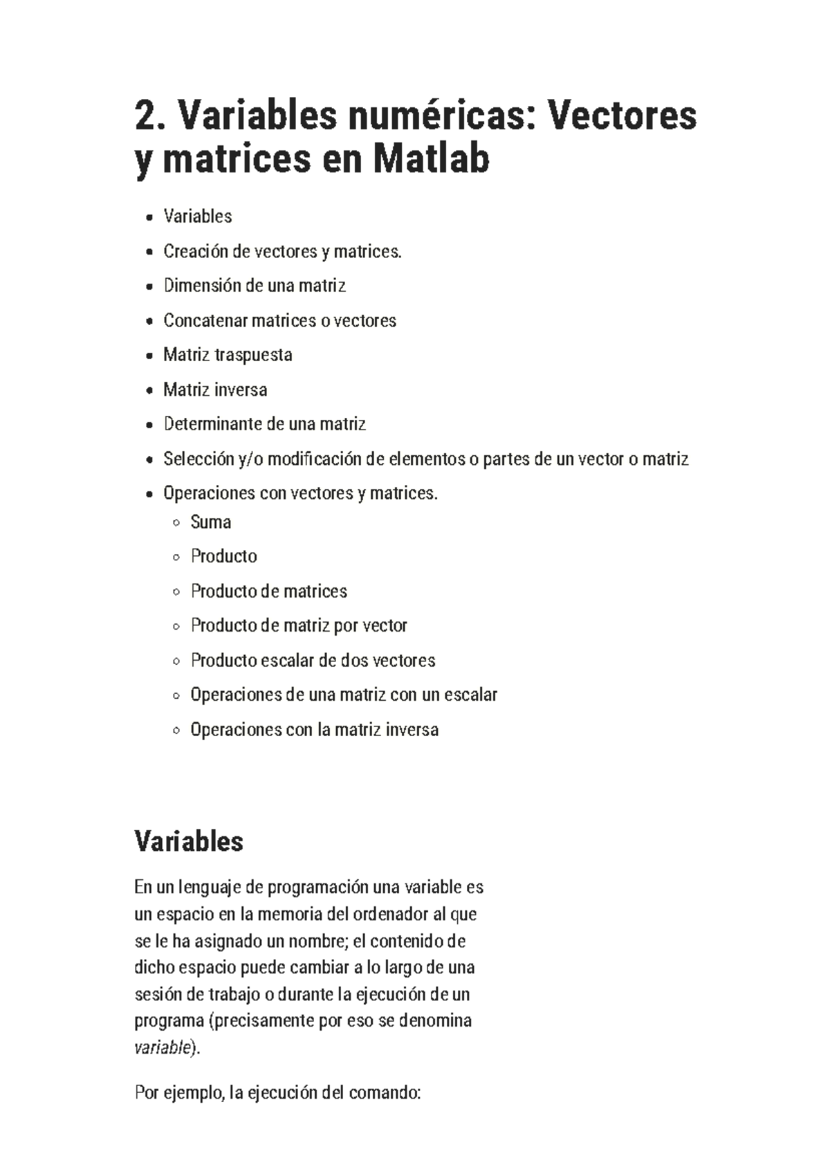 Tema 3.2 - Variables Numéricas: Vectores y Matrices en Matlab - Studocu