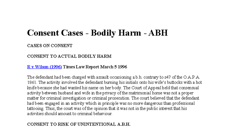 Consent Cases in ABH: R v Wilson & R v Billinghurst Analysis - Studocu