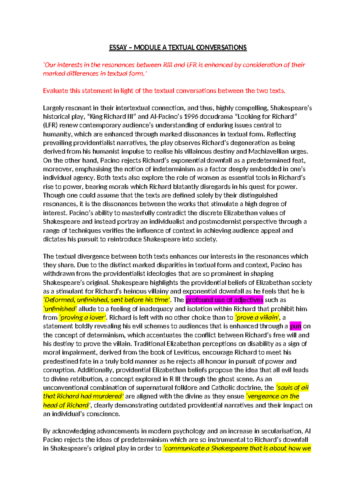 MOD A Essay - Exploring Textual Conversations in King Richard III & LFR ...