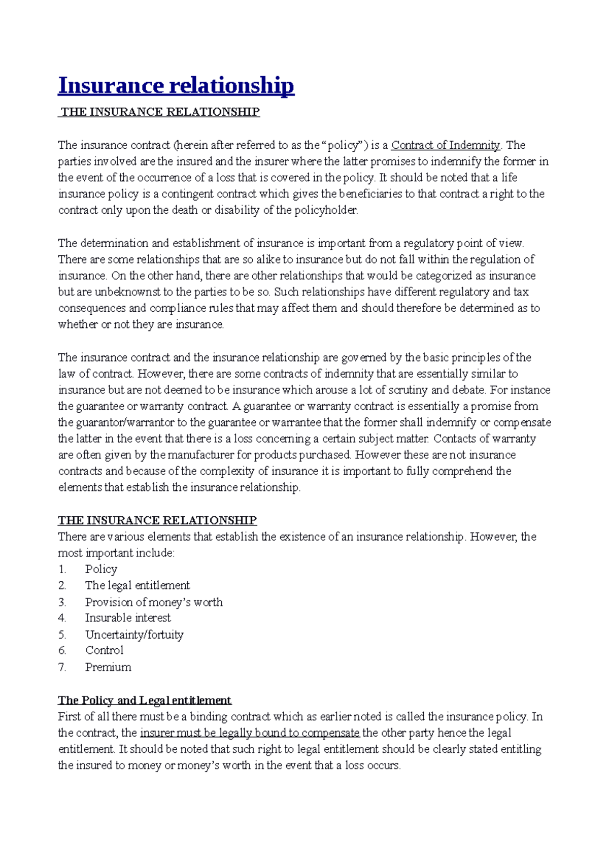Insurance Law: Key Notes on the Insurance Relationship - Studocu