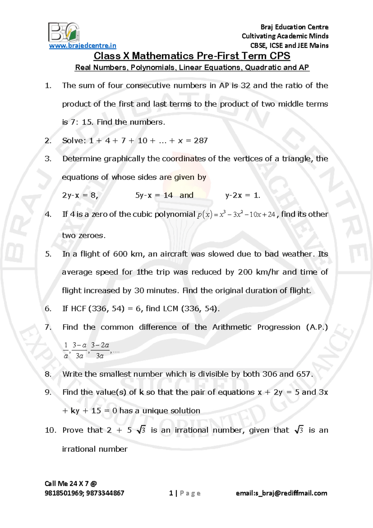 Final Exam Practice: Class X Mathematics CBSE, ICSE & JEE Mains - Studocu