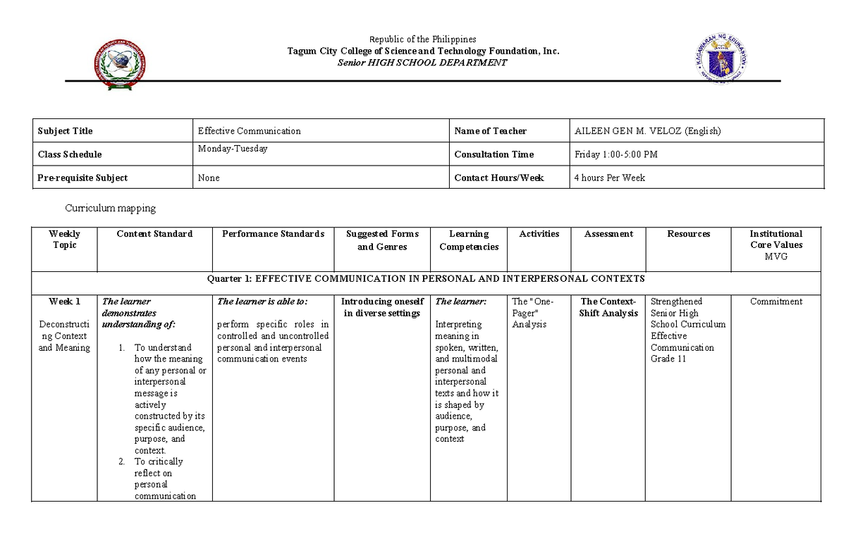 CM - Effective Communication Grade 11 Course Overview and Schedule ...