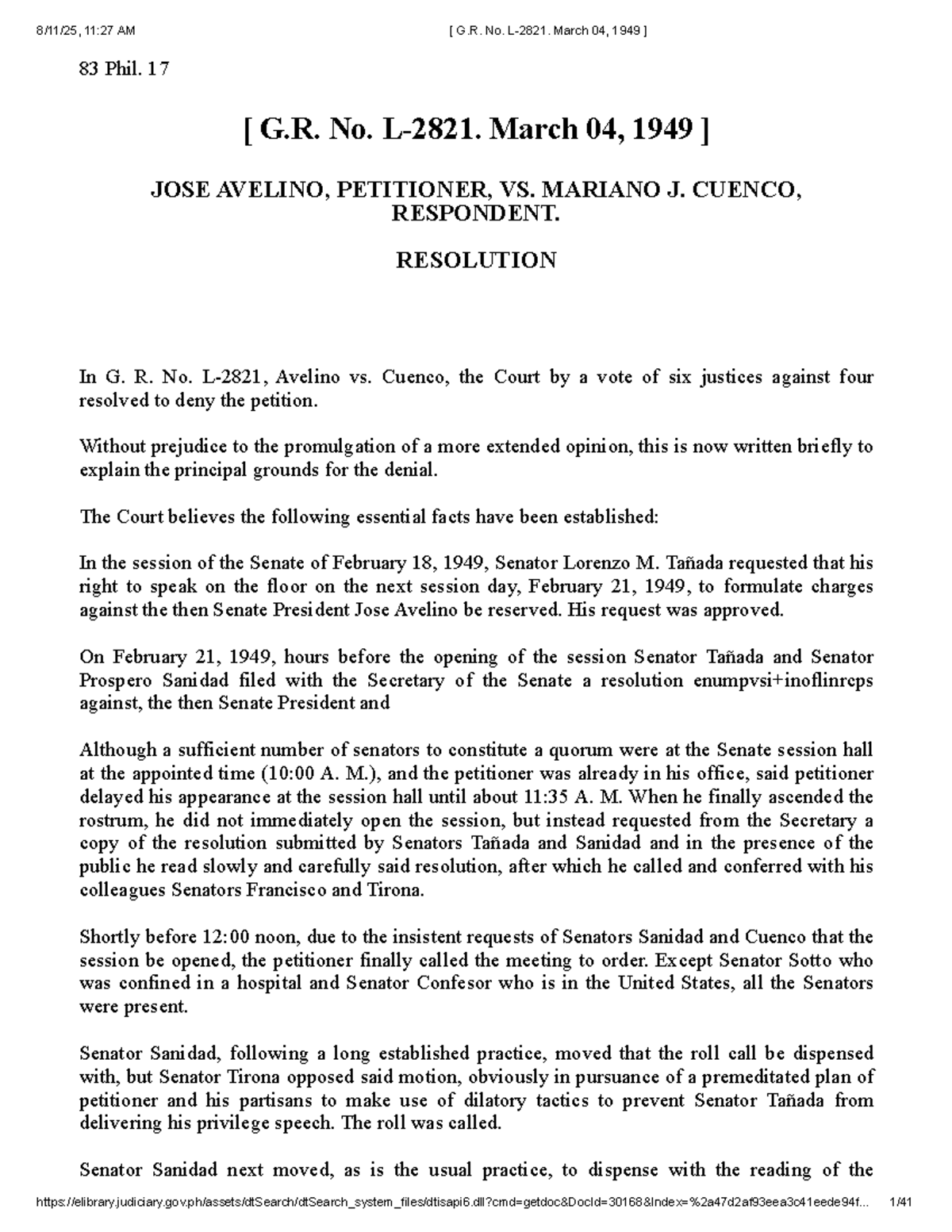G.R. No. L-2821: Avelino vs. Cuenco Case Resolution Summary - Studocu