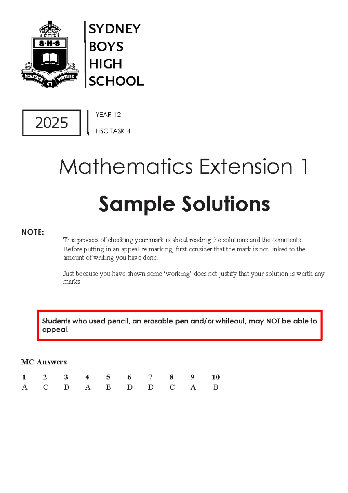 SBHS 2025 Y12 Mathematics Ext 1 HSC Task 4 Sample Solutions - Studocu