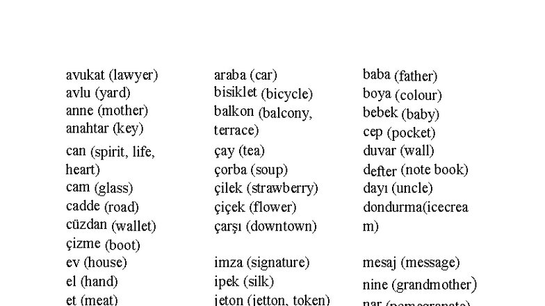 TUR 101: Vocabulary and Basic Phrases in Turkish Language - Studocu