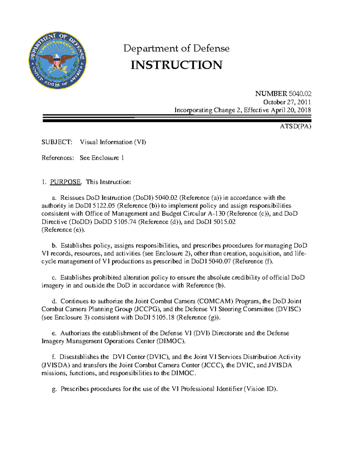 DoDI 5040.02: Managing DoD Visual Information Records Policy - Studocu