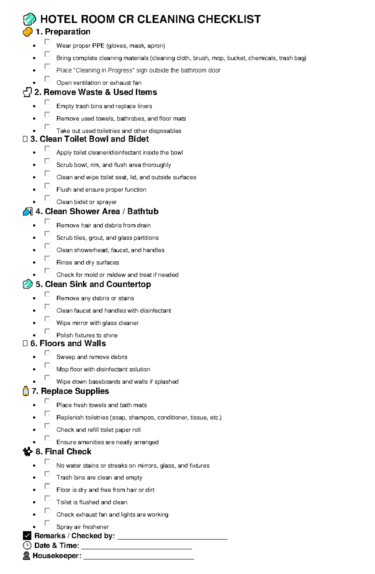 Hotel Cleaning & Butler Service Checklists (HOSP 101) - Studocu