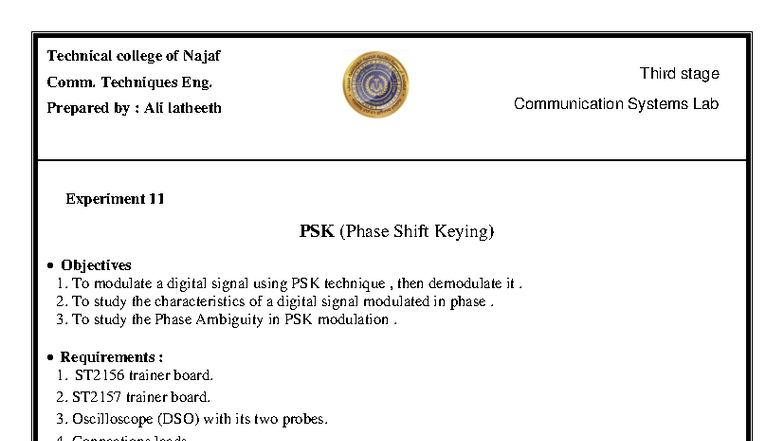 Lab PSK - Experiment 11: Phase Shift Keying (PSK) Techniques - Studocu