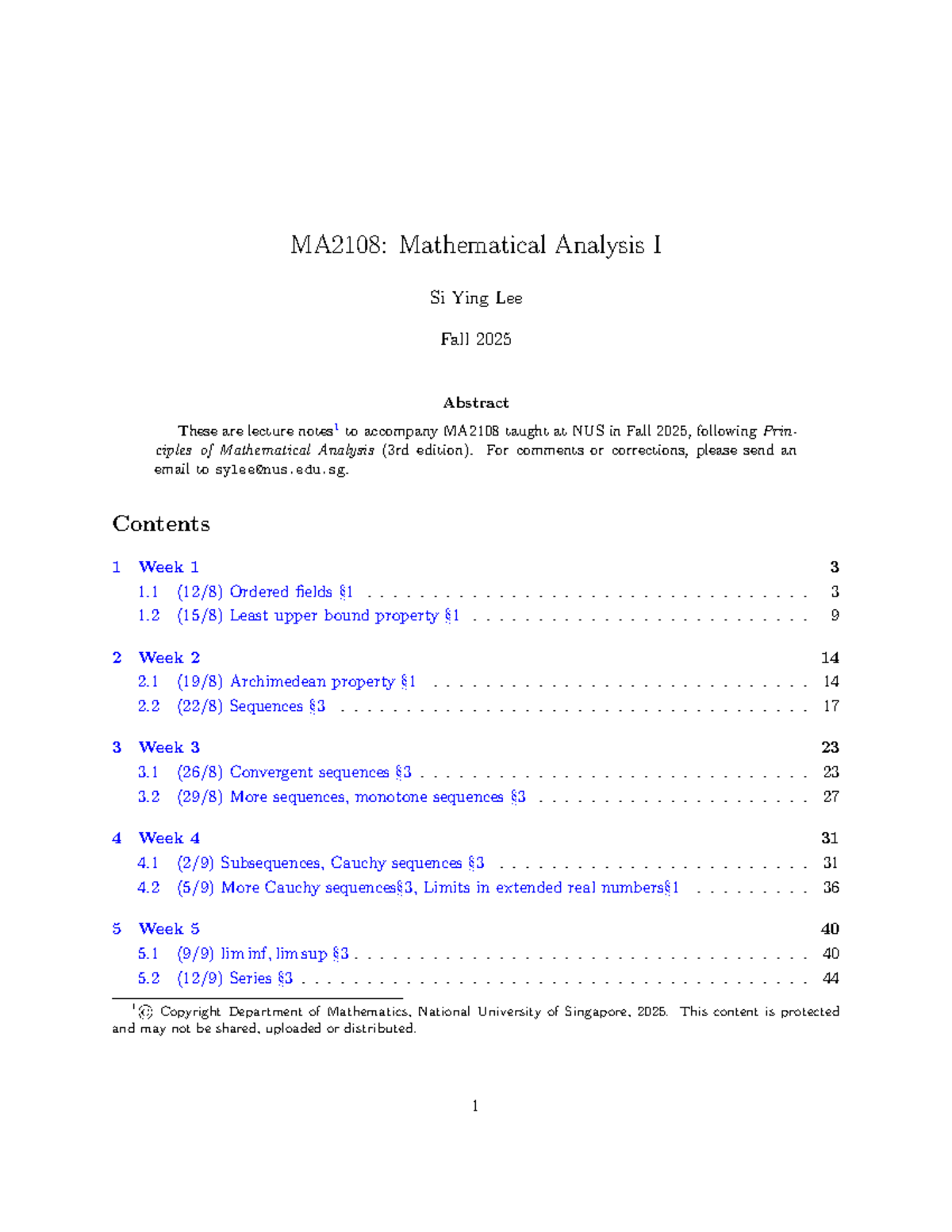 MA2108: Lecture Notes on Mathematical Analysis I - Fall 2025 - Studocu