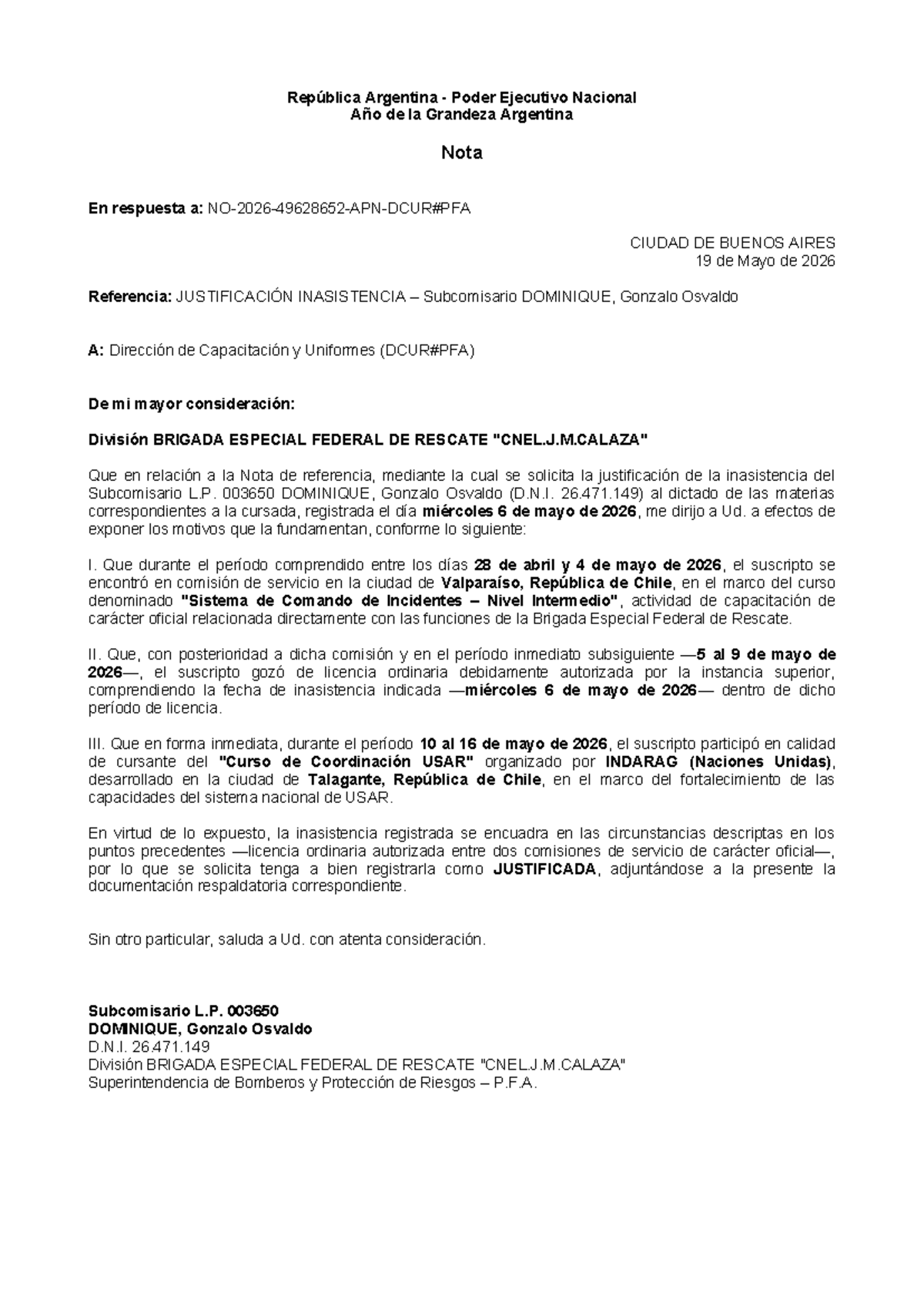Justificación de Inasistencia del Subcomisario Dominique L.P. 003650 ...