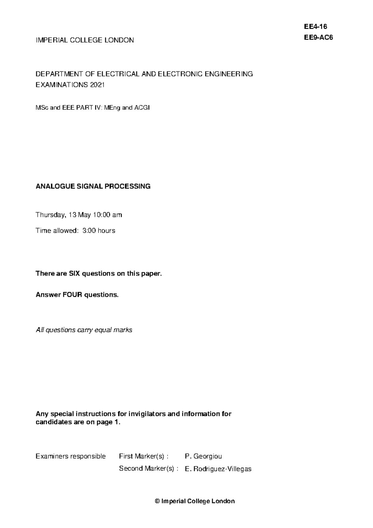 Analogue Signal Processing Exam Paper 2021 - IMPERIAL COLLEGE LONDON ...