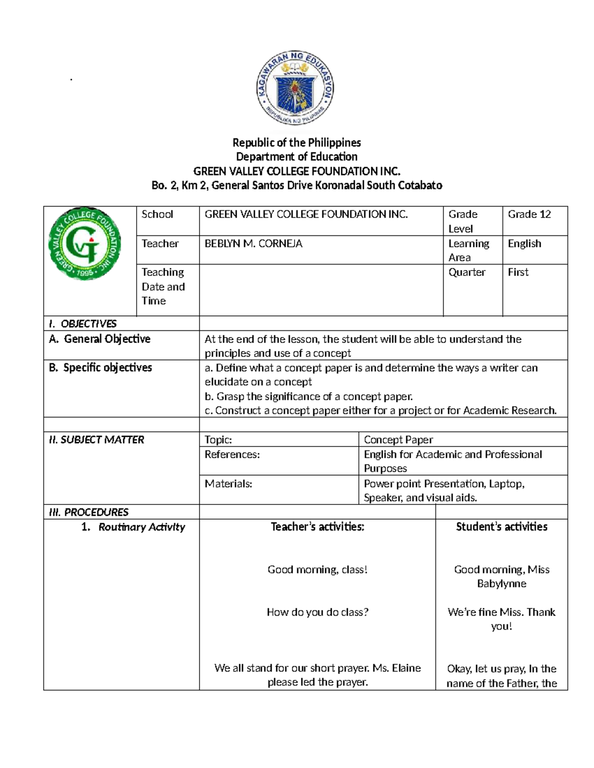 Grade 12 English Lesson Plan: Concept Paper & Imperative Sentences ...