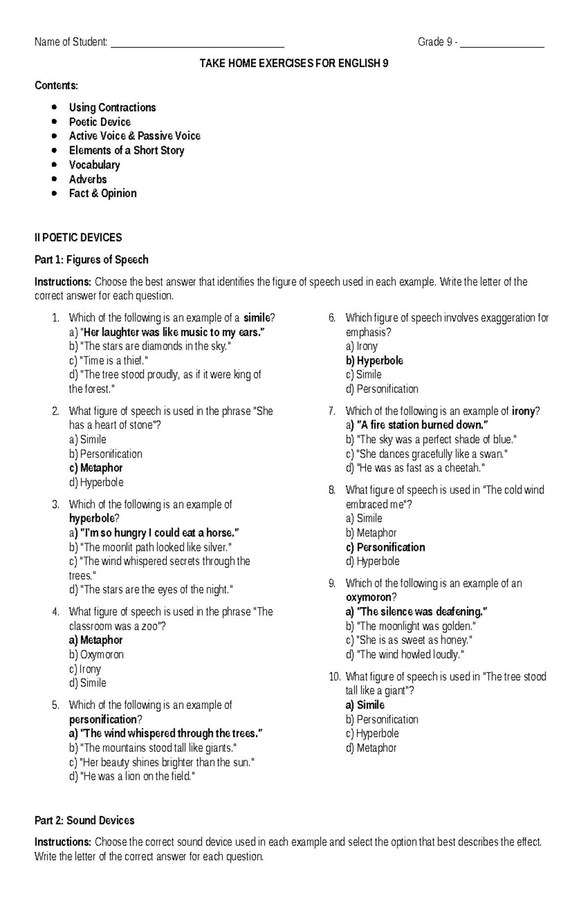 Grade 9 English 9 Take Home Exercises: Elements of a Short Story - Studocu