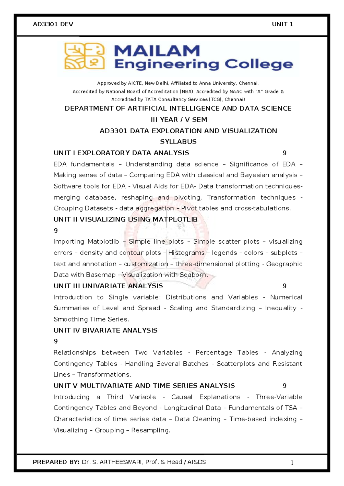 AD3301 DATA EXPLORATION & VISUALIZATION UNIT 1 SYLLABUS - Studocu