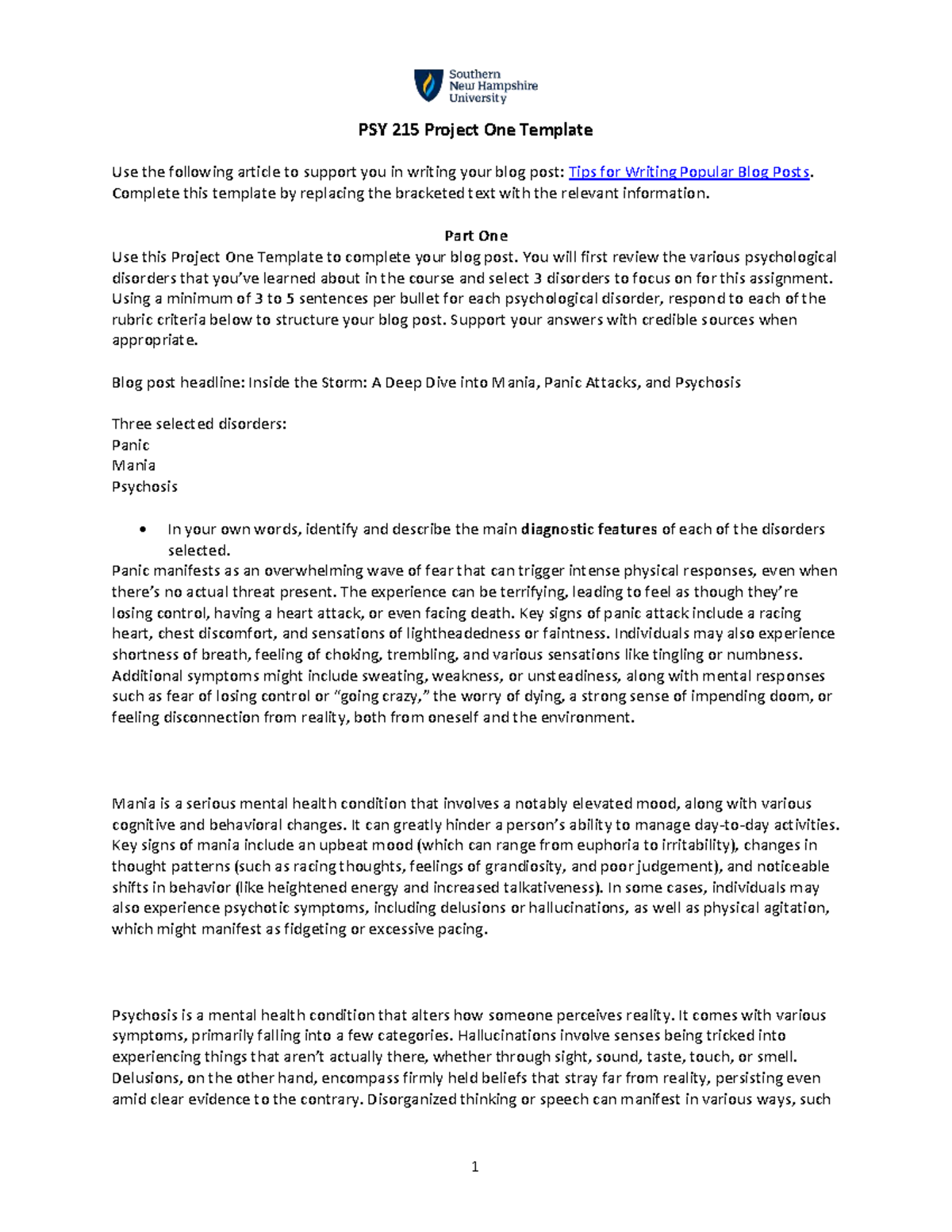 PSY 215 Project One: Exploring Mania, Panic, and Psychosis - Studocu