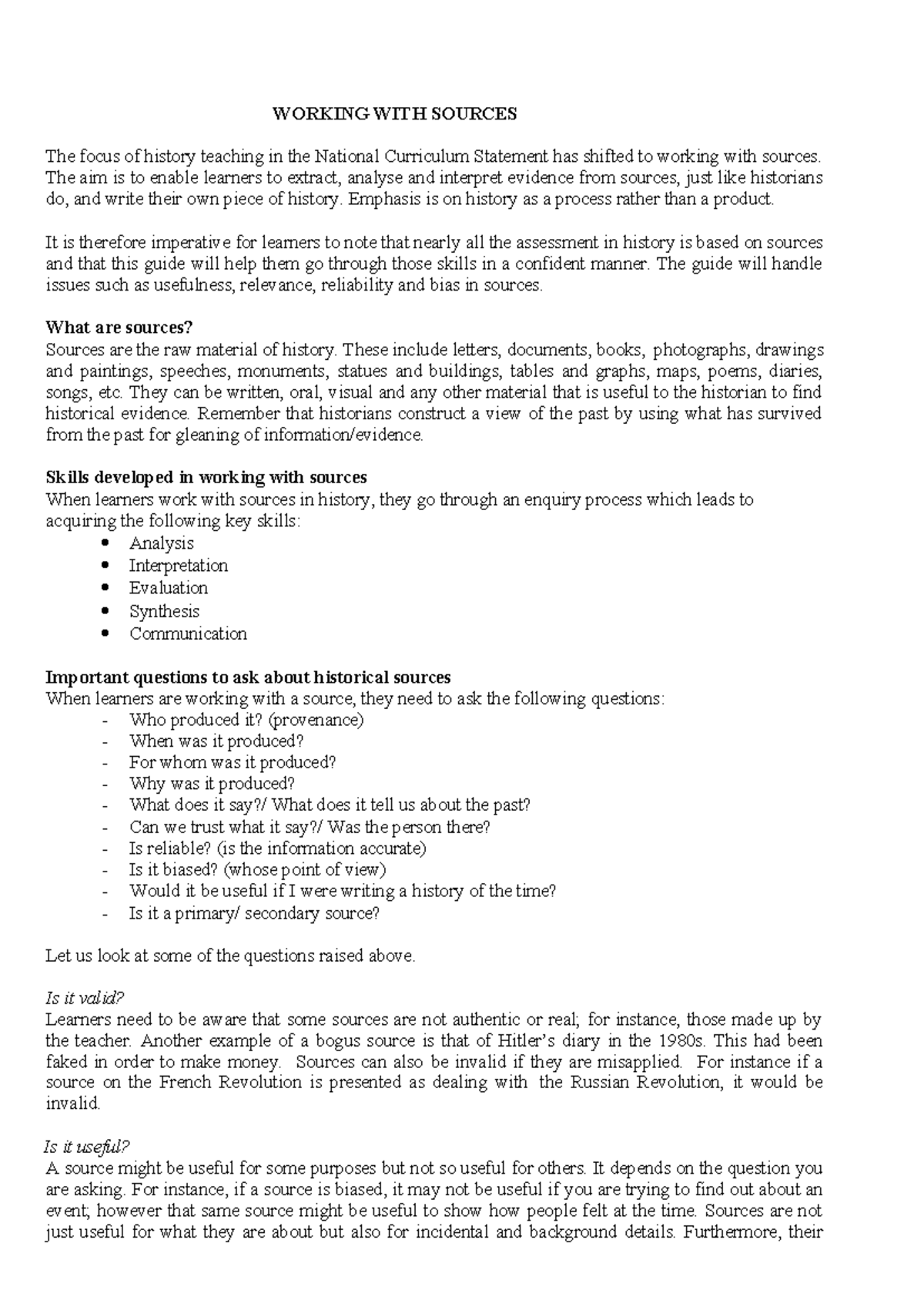 Working with Sources: A Guide for Grade 10 History Students - Studocu