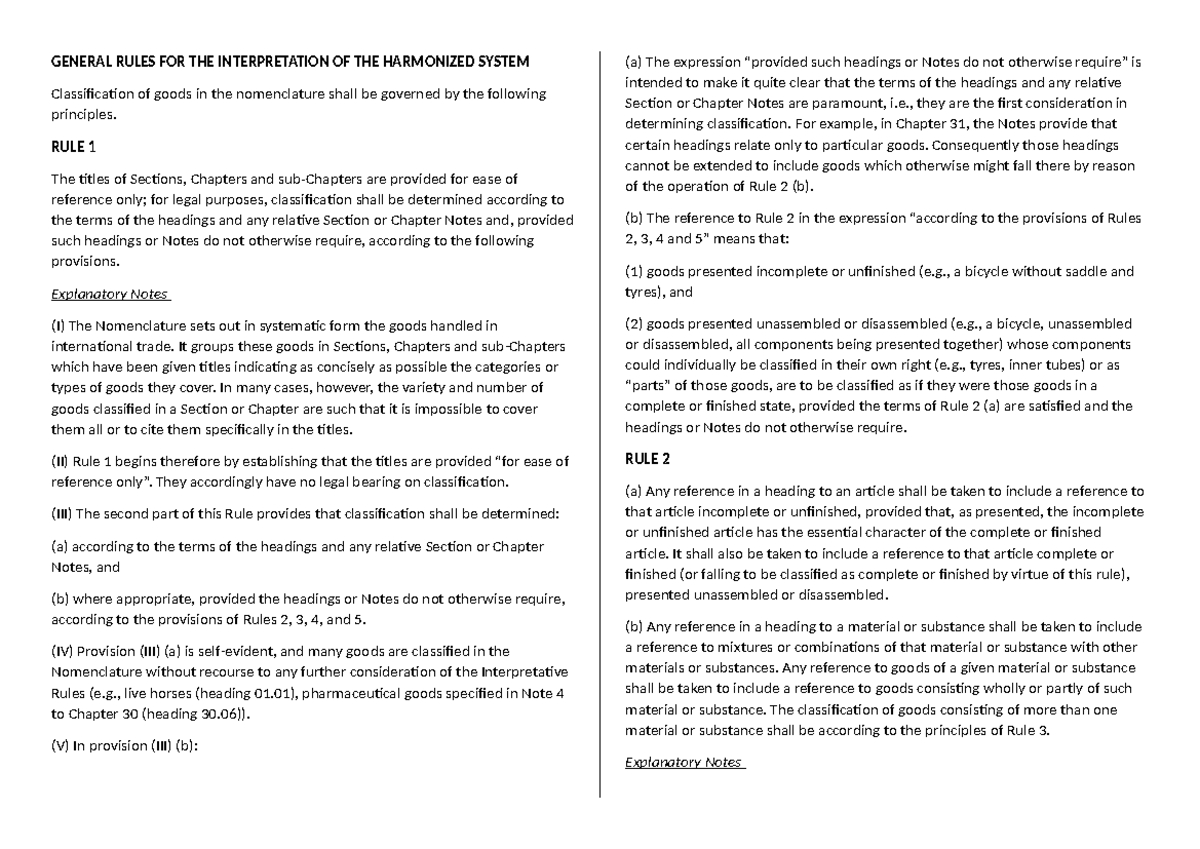 General Rules for Interpreting the Harmonized System (HS 2) - Studocu