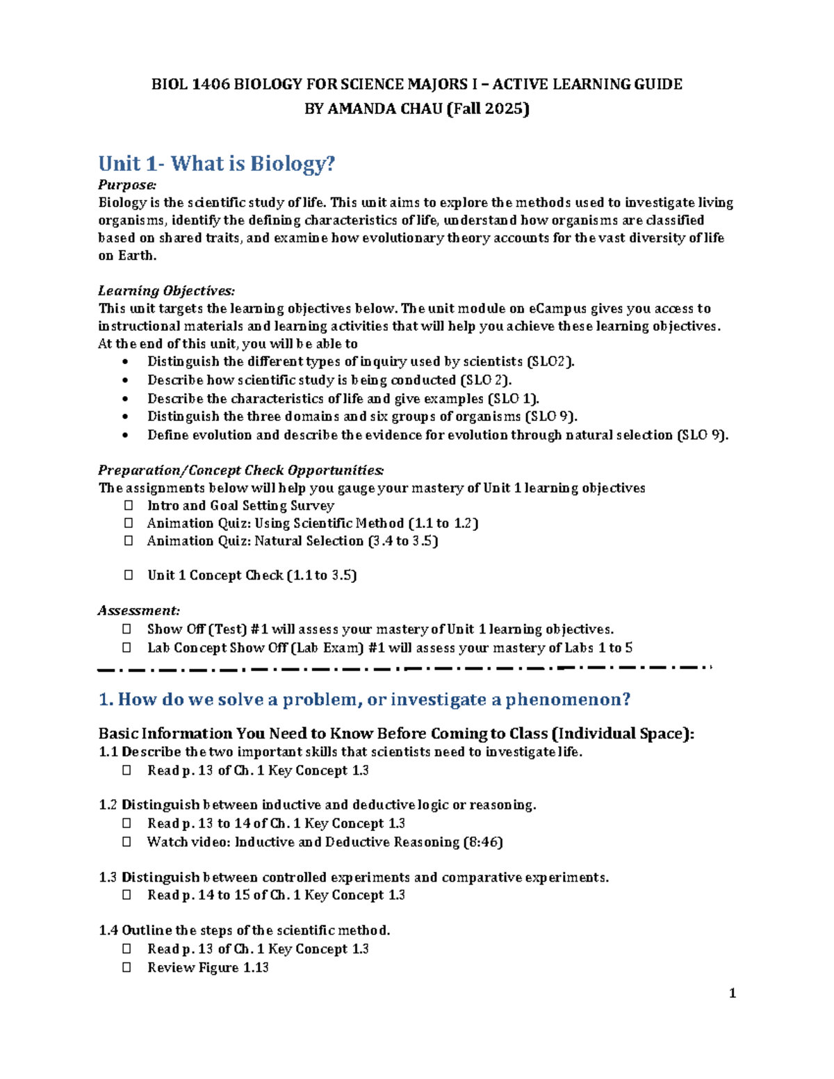 BIOL 1406 Active Learning Guide: Unit 1 - What is Biology? - Studocu